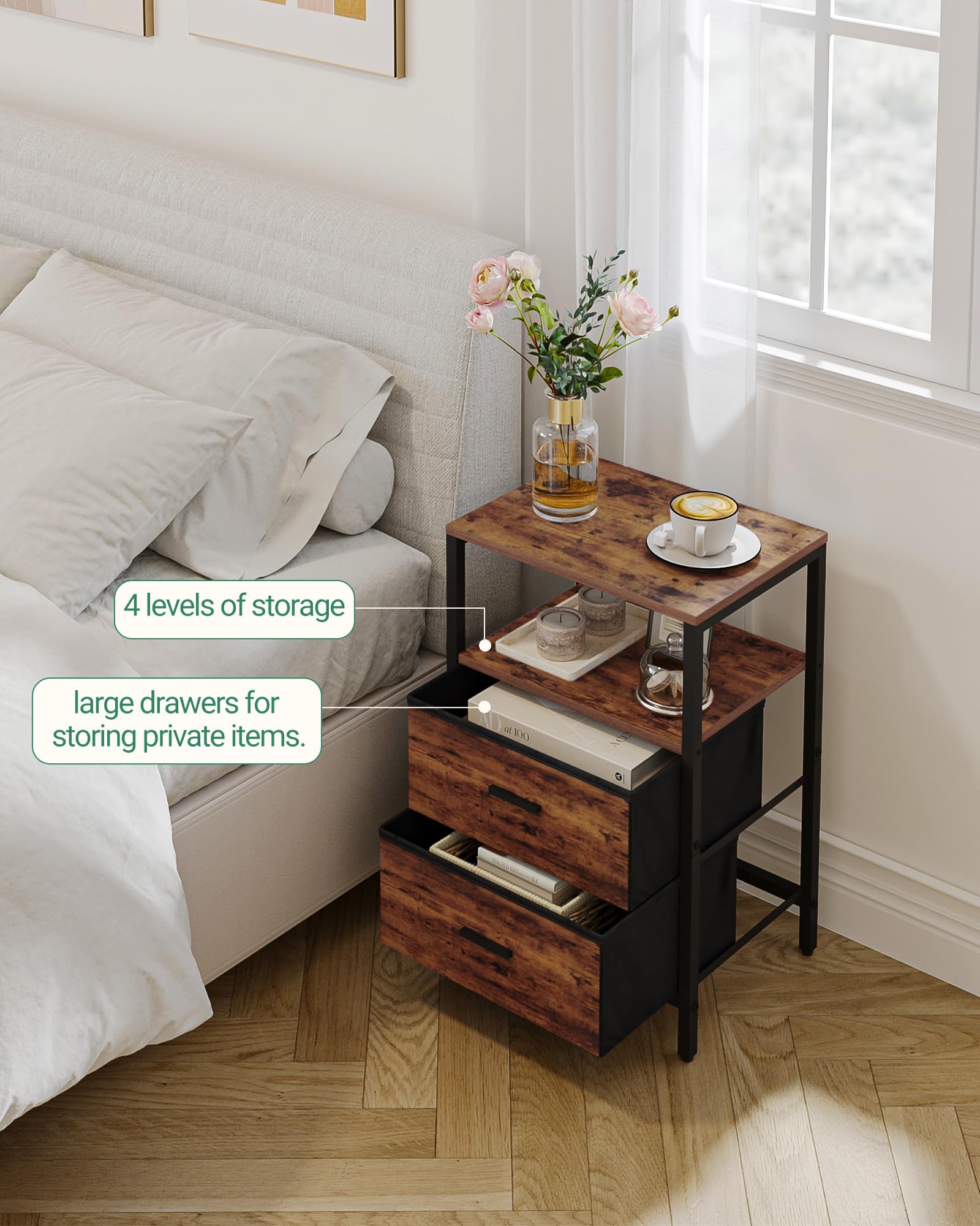 Hzuaneri End Table, Nightstands with 2 Fabric Storage Drawers and Shelves, Side Table, Bedside Tables with Open Storage Shelf for Bedroom, Office, Rustic Brown NS30701B