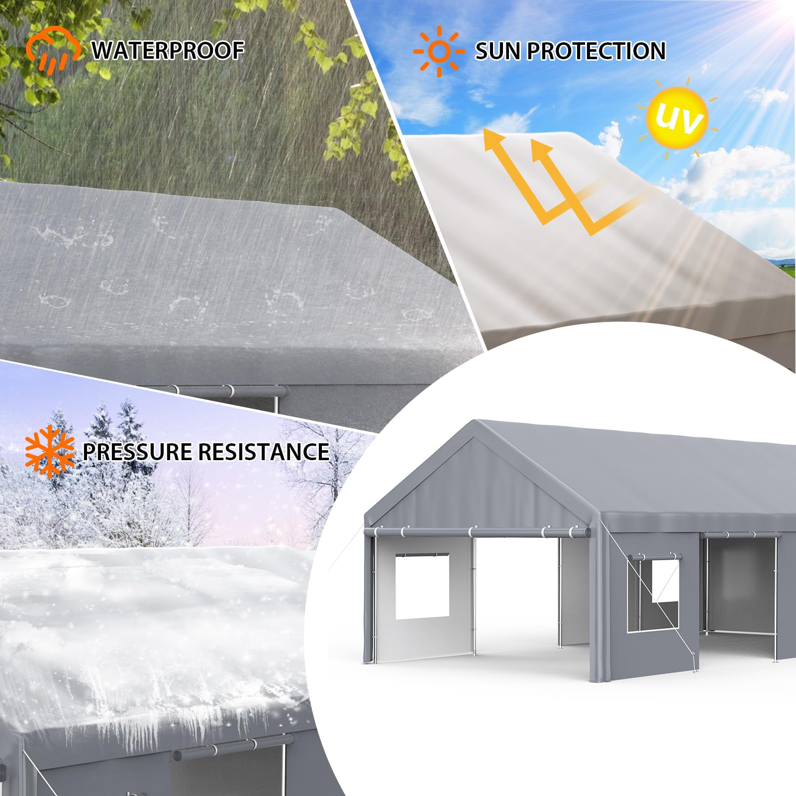GarveeTech Carport,Iron Pipe + Pe Carport, 13x25FT All-Inclusive with 4 Doors &4Windows, Portable Garage with Removable Sidewalls & Doors, All-Season Tarp,Completely Waterproof and Sunproof,Grey