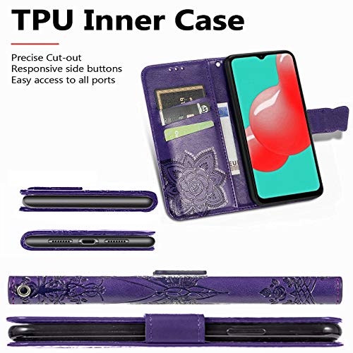 PU Leather Wallet Flip Protective Phone Case with Wrist Strap Card Slots Holder Pocket Emboss Butterfly Flower Stand Case for Samsung Galaxy A32 5G Purple