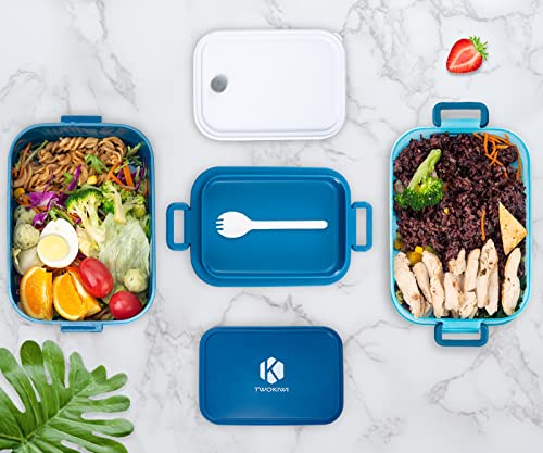 TWOKIWI Bento Box Adult Lunch Box – Lunch Containers for Adults – 7 Cup Bento Lunch Box with 3 Compartments & Fork, Microwave,Dishwasher & Freezer Safe (Ocean Blue)