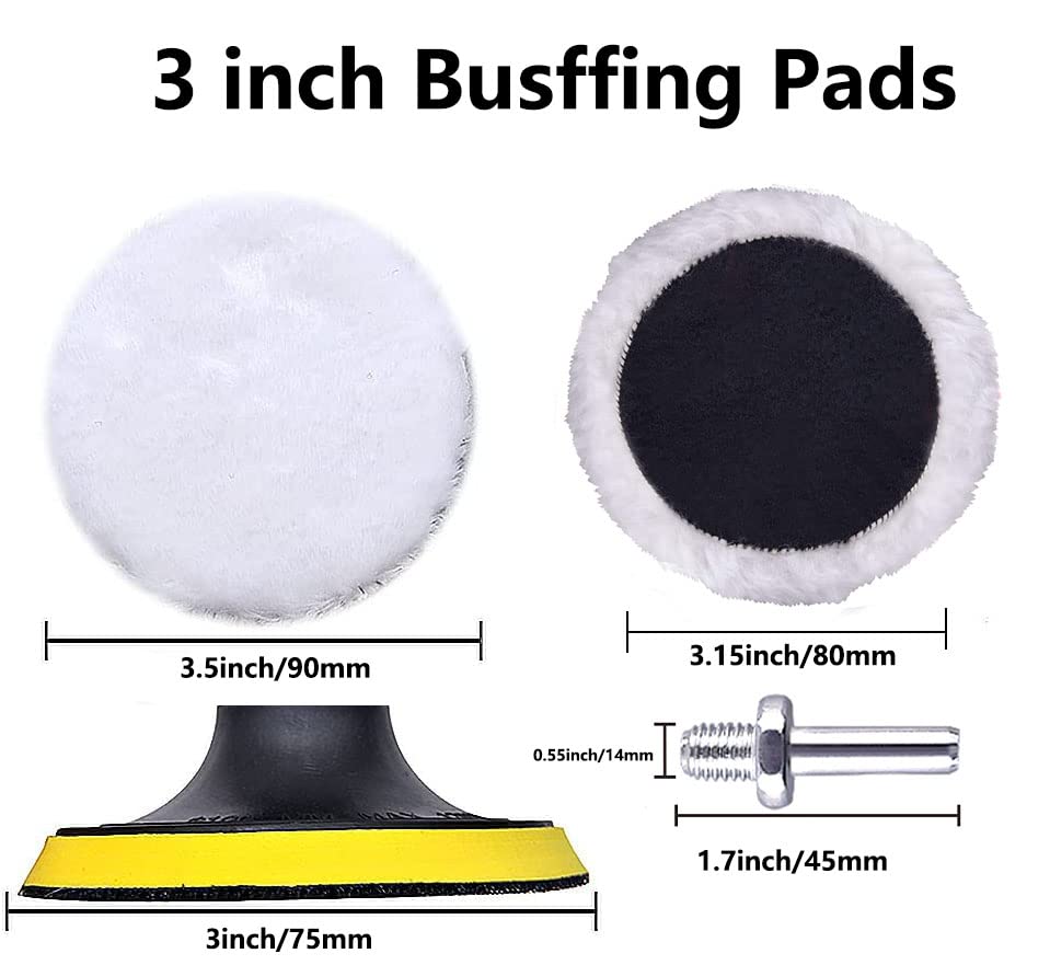 Tworider 7 Pcs 3 Inch Buffing Pads, Wool Polishing Pad,Wool Buffing Polishing Pad Set,Buffing Pads for Drill Lambs Wool Hook and Loop,with M14 Drill Buffer Attachment, Car Polishers and Buffers
