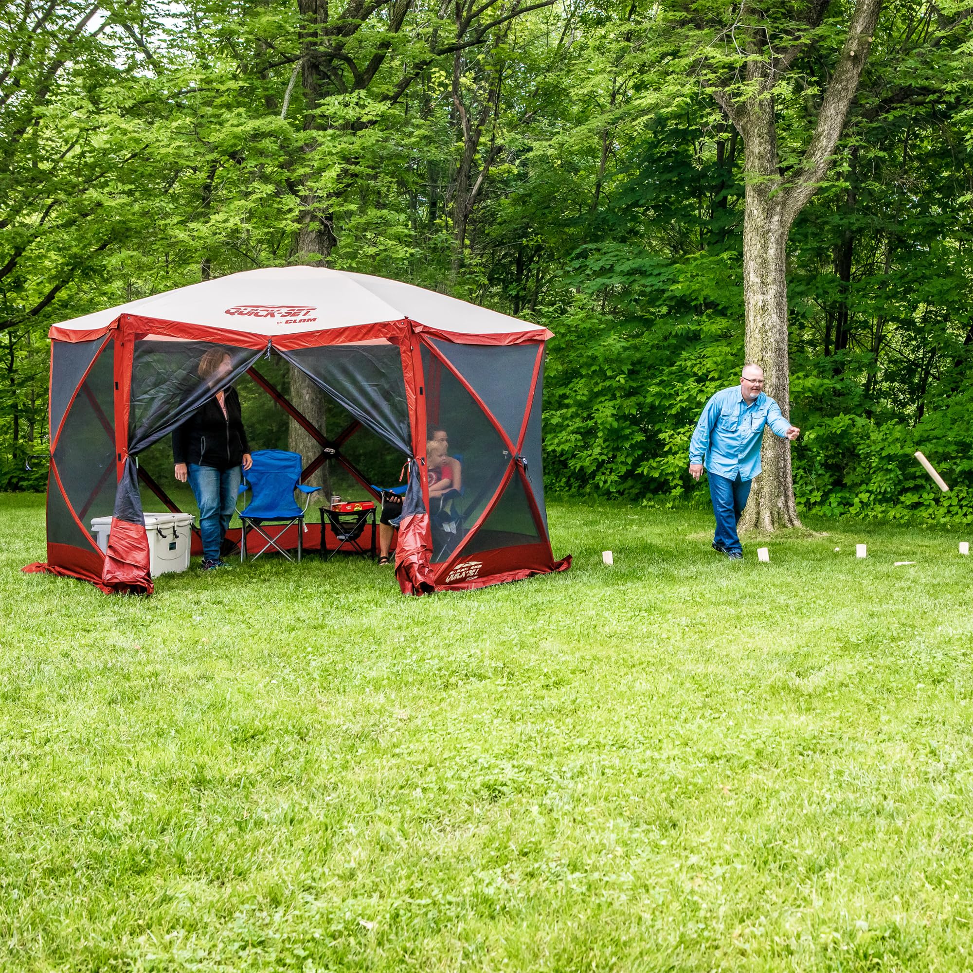 CLAM Quick-Set Escape Sport 11.5 x 11.5 Foot Portable Pop Up Outdoor Tailgating Screen Tent 6 Sided Canopy Shelter w/Stakes & Carry Bag, Red/White