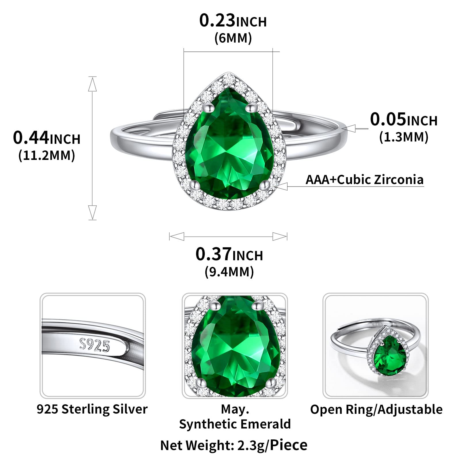 ChicSilver Green Emerald Ring May Birth Stone Ring for Women Pear Shaped Engagement Ring for Women
