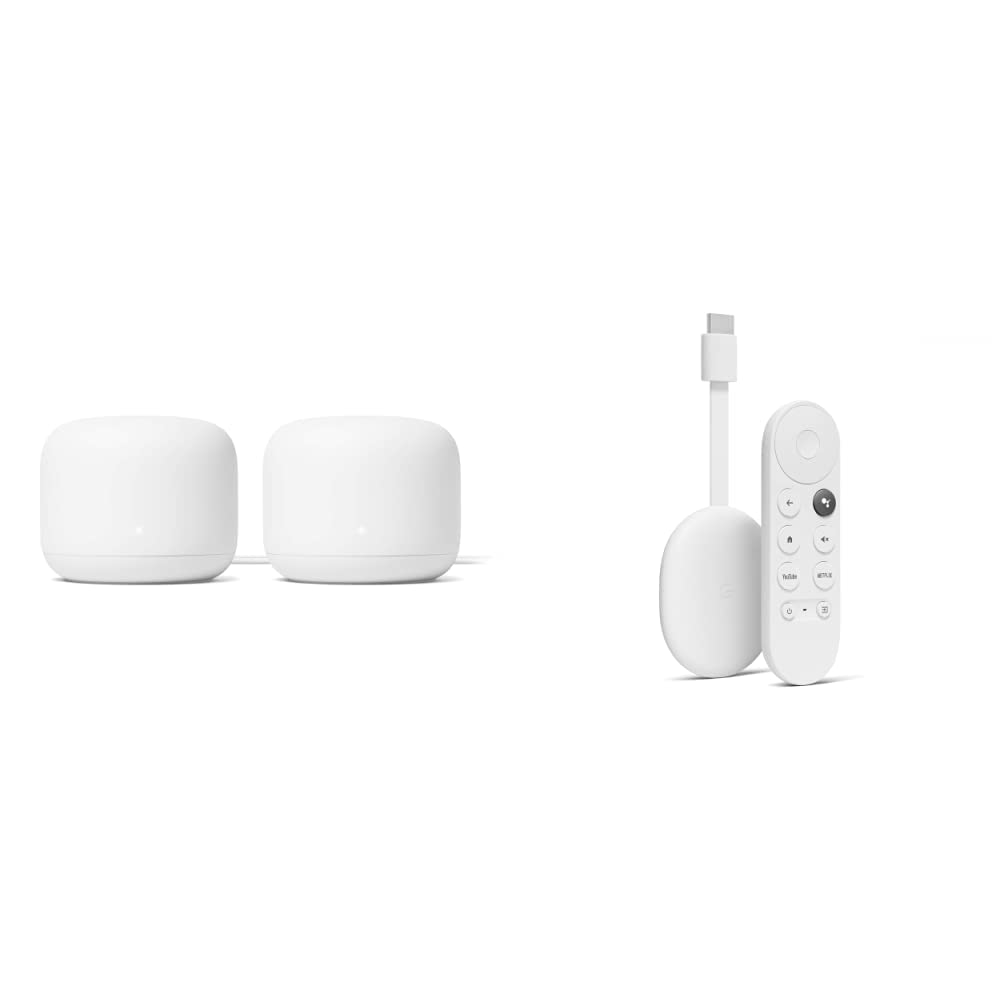 Google Nest WiFi - Home Wi-Fi System - Wi-Fi Extender - Mesh Router for Wireless Internet. 2 Pack with Chromecast with Google TV (4K)- Streaming Stick Entertainment with Voice Search, Snow