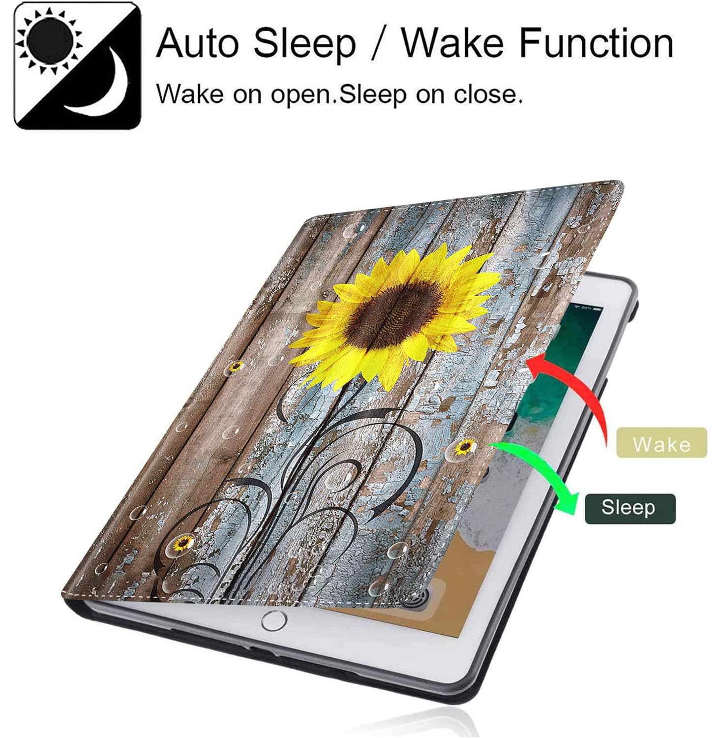 Case for iPad 9th / 8th / 7th Generation (2021/2020/2019) 10.2 inch/iPad Air 10.5" 2019 / iPad Pro 10.5", Leather Smart Cover with Auto Wake/Sleep, Rustic Sunflower
