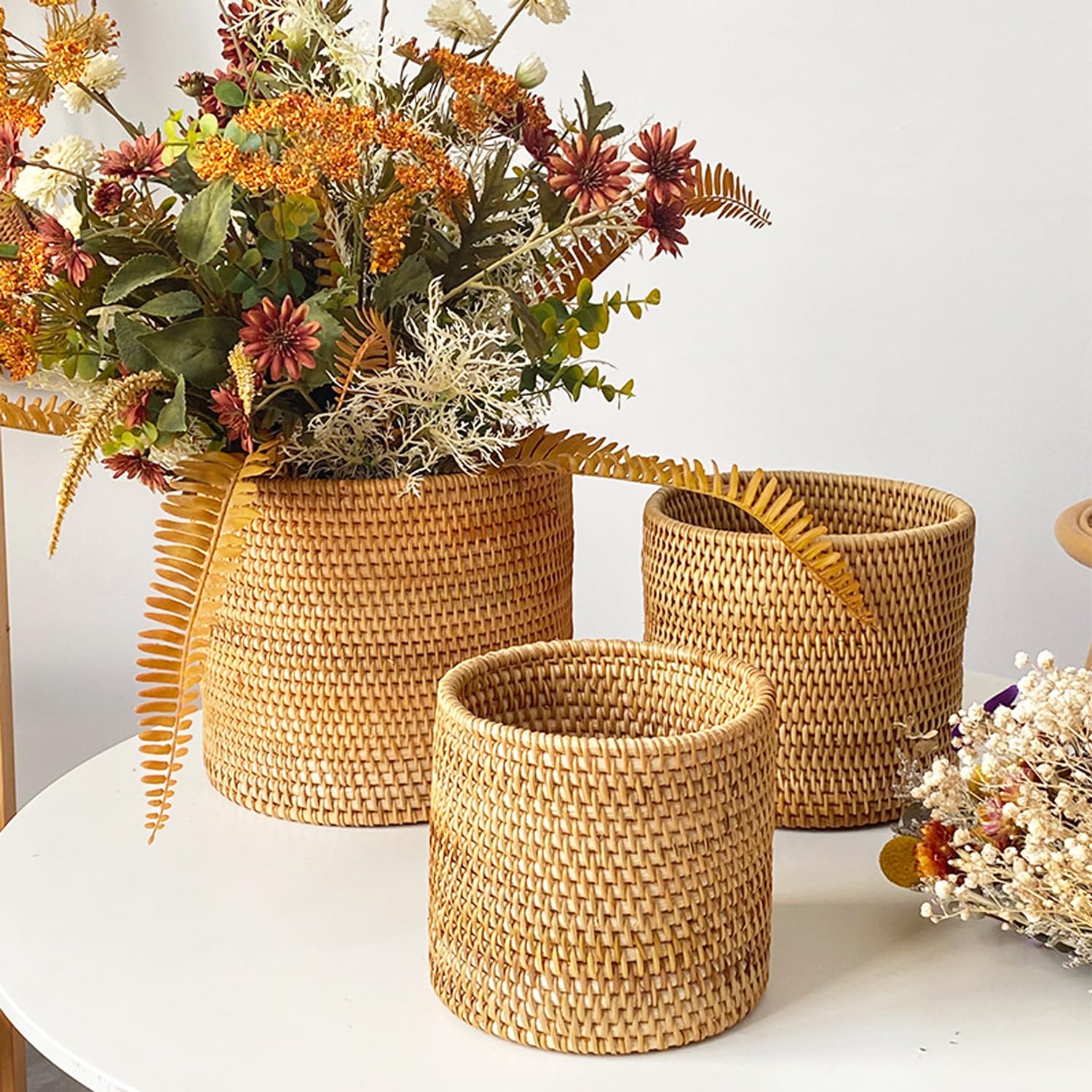 I-LAN Kitchen Rattan Cutlery Utensils Container Holder,Table Wicker Mini Trash Cans,Desktop Storage Bin,Boho Home Decor Flower Pot Cover for Indoor Planter,7.8"x7.8"x7.1"