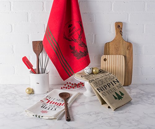DII Holiday Collection Vintage Print Dishtowel Set, 18x28, Christmas Stag, 3 Piece