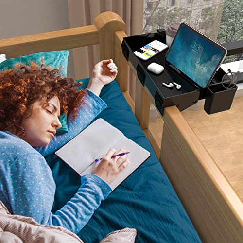 Ronlap Folding Bedside Shelf, Bunk Bed Shelf Organizer for Top Bunk Clip On Nightstand for College Dorm Loft Bed Plastic Bedside Shelf Tray for Kids with Cupholder Hooks Hanging Cup, Plus Size, Black