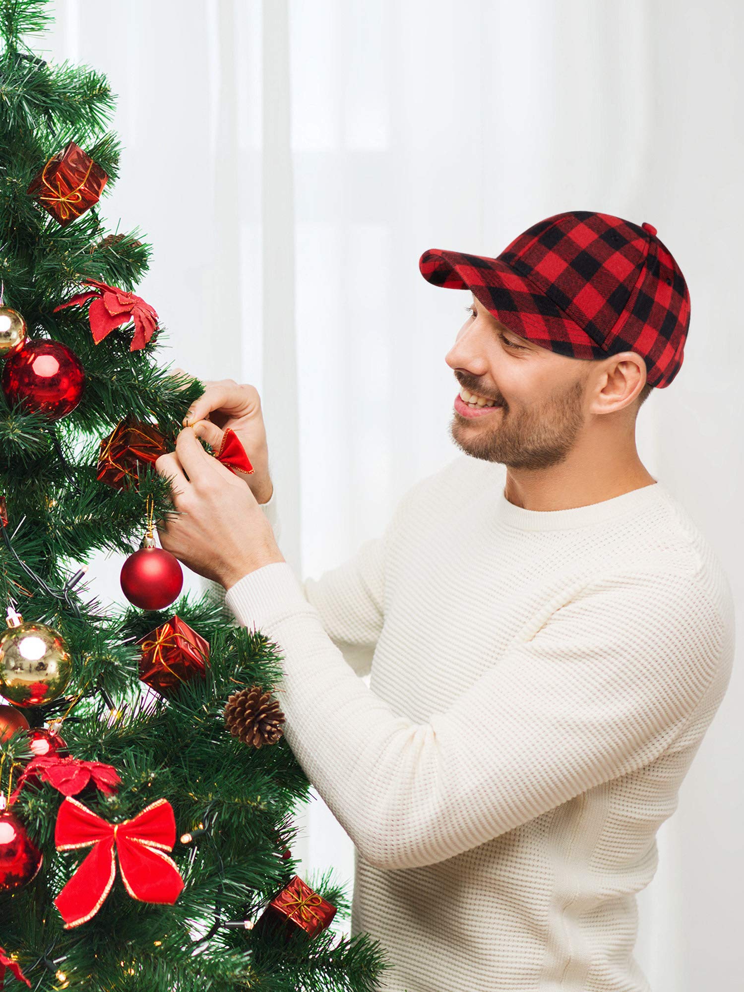 Classic Plaid Print Baseball Caps Red-Black Checkered Hat Buffalo Plaid Christmas Hat for Women Men (2)