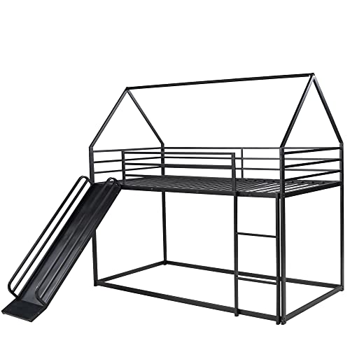 Tidyard Twin Over Twin House Bunk Bed with Ladder and Slide,Black for Bedroom Dorm Guest Room Home Furniture