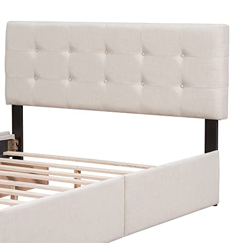 Harper & Bright Designs Queen Size Upholstered Platform Bed with Storage, Queen Bed Frame with 4 Drawers and Tufted Headboard for Teens Adults, No Box Spring Needed, Beige