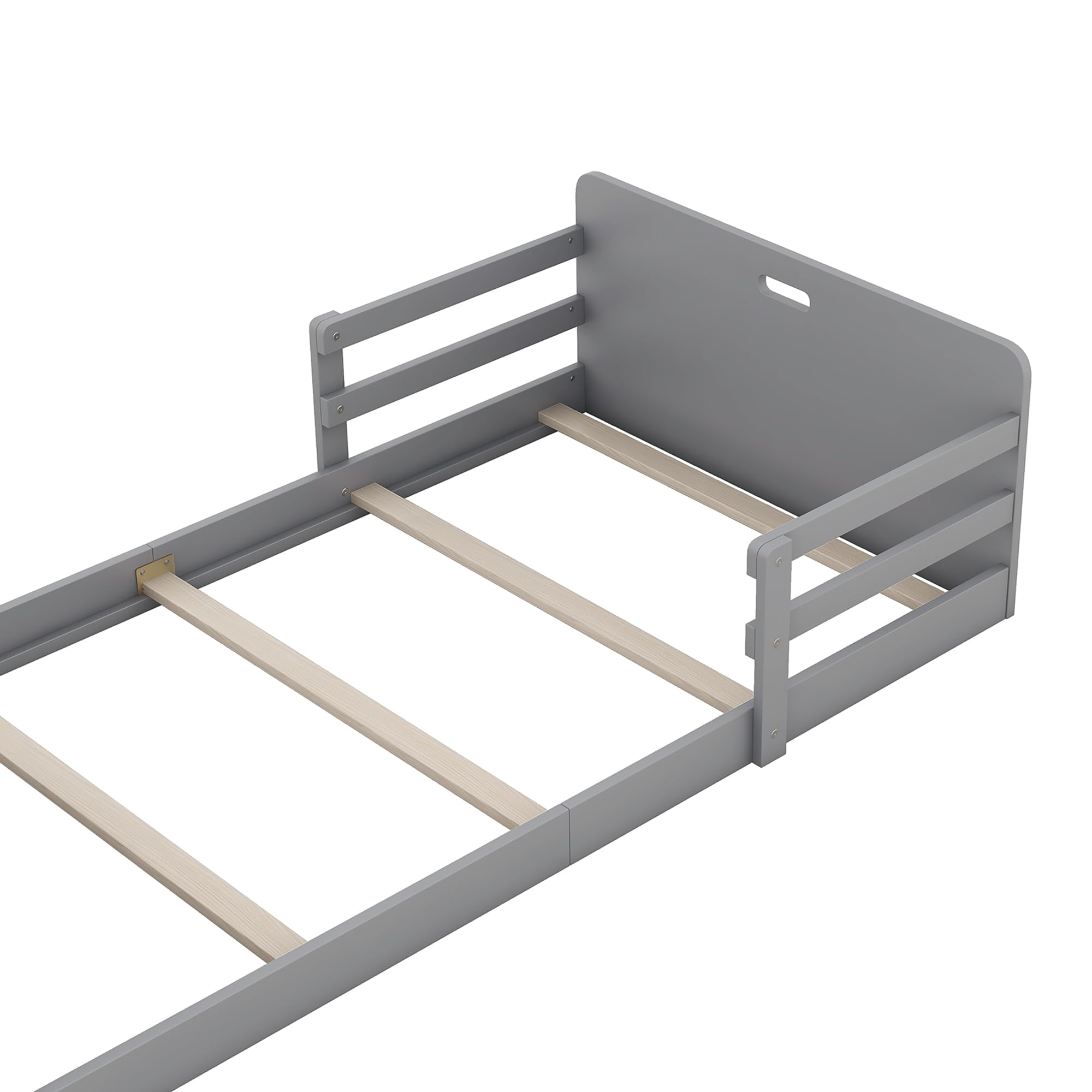 Harper & Bright Designs Twin Size Floor Bed with Storage Footboard and Guardrail, Wood Floor Bed Frame with Solid Wood Slats,Twin Bed Frame for Kids Girls Boys,Gray
