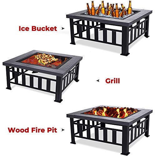 EZCHEER 34" Outdoor Fire Pit 3 in 1 Metal Square Firepit Wood Burning Bonfire Stove for Backyard Patio Garden with Grill, Spark Screen, Log Poker, Cover