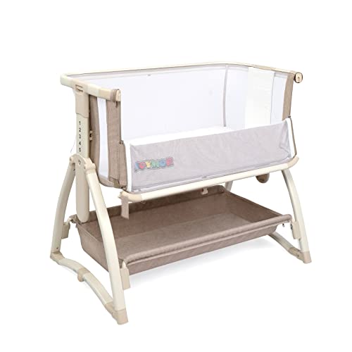 JOYMOR Bedside Sleeper Rocking Bassinet, Height Adjustable Breathable Net Bed Side Baby Cribs with Washable Mattress,Mosquito Net,Storage Basket for Infants, Beige