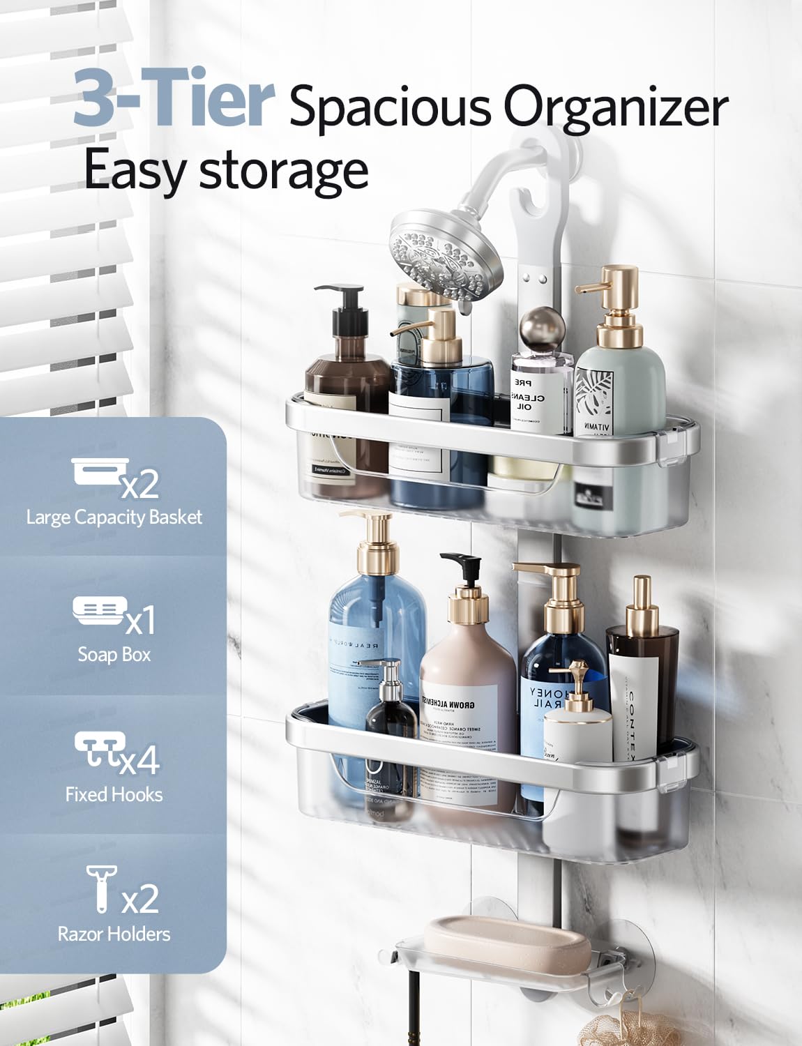 LAMU Adjustable-Shower-Caddy-Hanging, Rust Proof Shower Hanging Organizer, 3-Tier Aluminum Alloy + ABS, Large Capacity Shower Caddy Over-the-Showerhead with Hooks, Razor Holder, Soap Dish, Silver