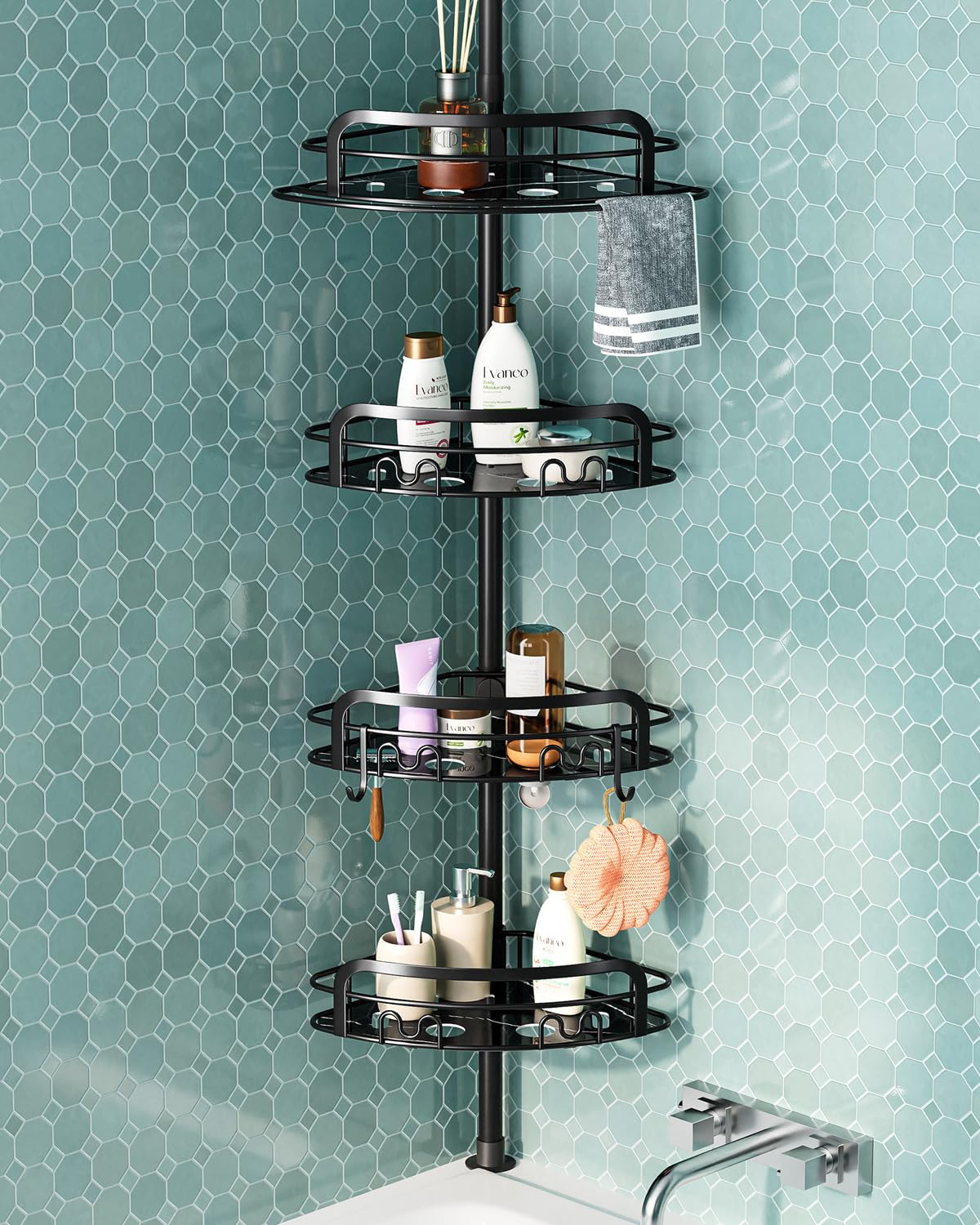 EUHOME Shower Caddy Tension Pole, Corner Shower Caddy Tension Rod 4 Adjustable Shelves Standing Shower Caddy for Bathroom Organizers Storage, Black
