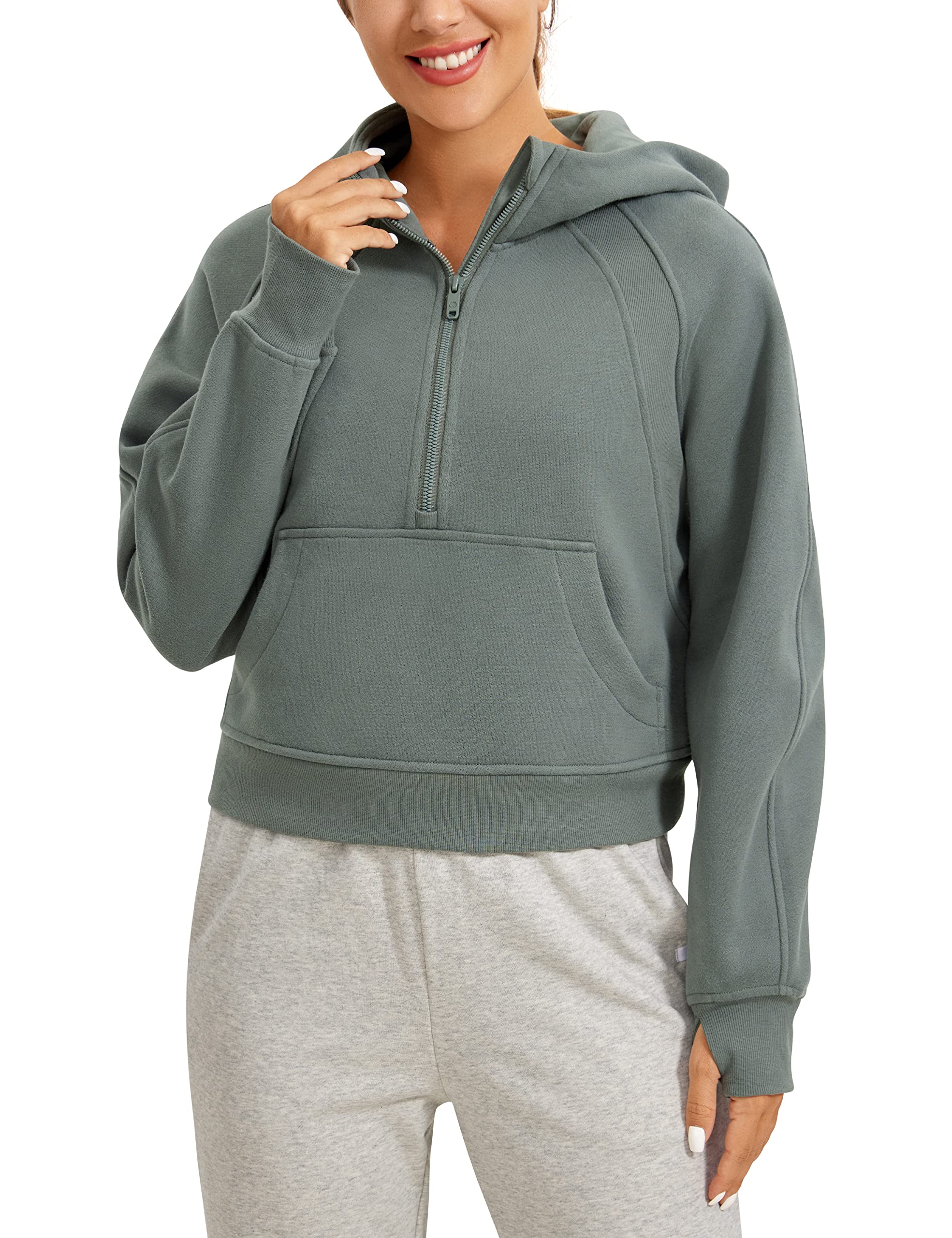 CRZ YOGA Fleece Lined Hoodies for Women Half-Zip Pullover Cropped Sweatshirt with Thumb Hole Ink Blue Large