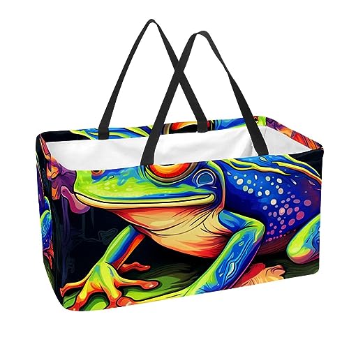 Reusable Grocery Bags Boxes Storage Basket, Red Eye Frog Pattern Collapsible Utility Tote Bags with Long Handle