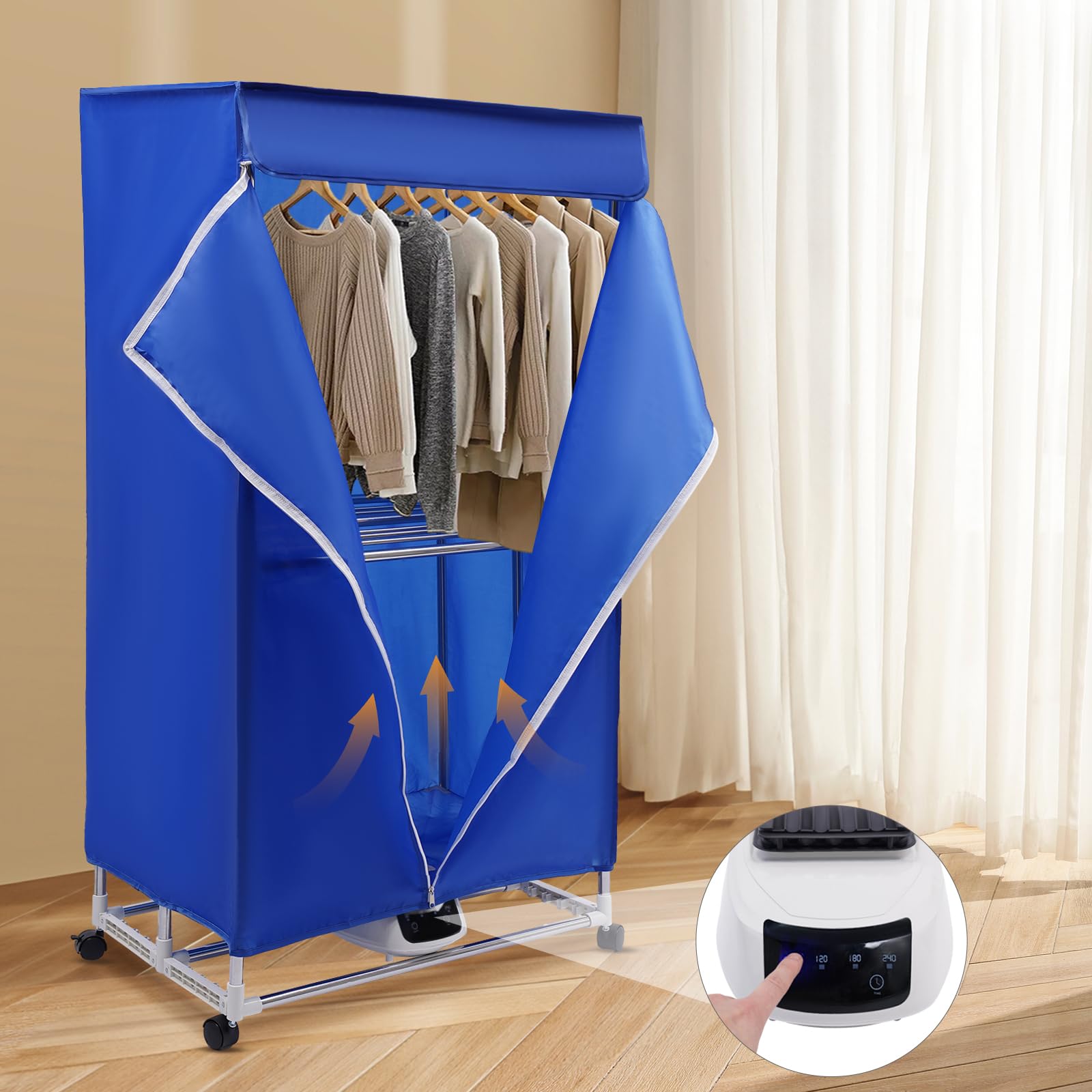Foldable Clothes Dryer Portable Travel Mini 1200-1500W Dryer Machine, Touch Screen Dryer for Apartments, 5-layer Heating, 60/120/180/240min Drying,30kg/66lbs Load Capacity