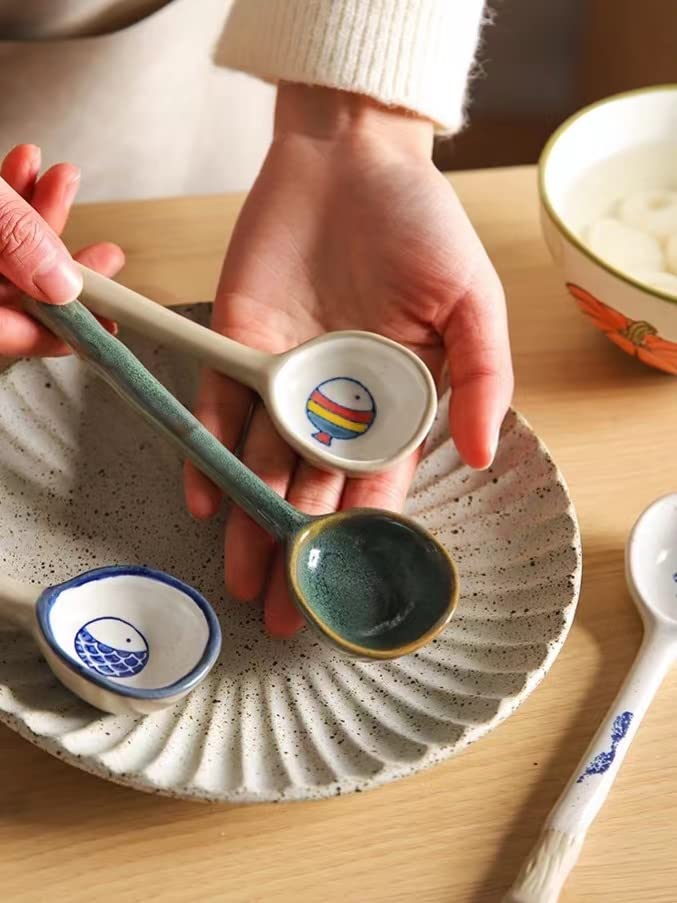 YUURAIN VUVU Japanese Large Spoon, Handmade Long Handle Asian Spoons, Retro Ceramic Spoons, Ramen Spoons, Pho Spoons, Large Soup Spoons with Cute Hand-Painted Pattern, Hand-Kneaded (2 Pieces) - D