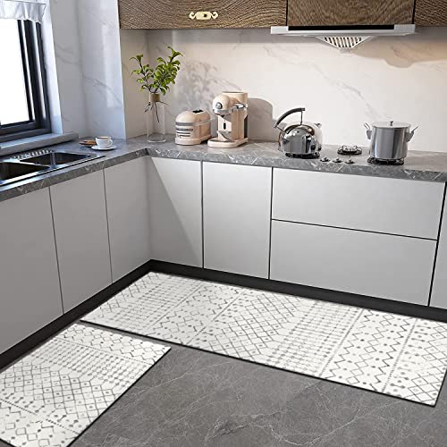 Xsinufn Boho Kitchen Mat Set of 2,Modern Farmhouse Kitchen Rugs and Mats Non Skid Washable,Moroccan Boho Runner Rugs with Rubber Backing for Kitchen Decor Accessories (Grey/Off-White 17"x47"+17"x30")