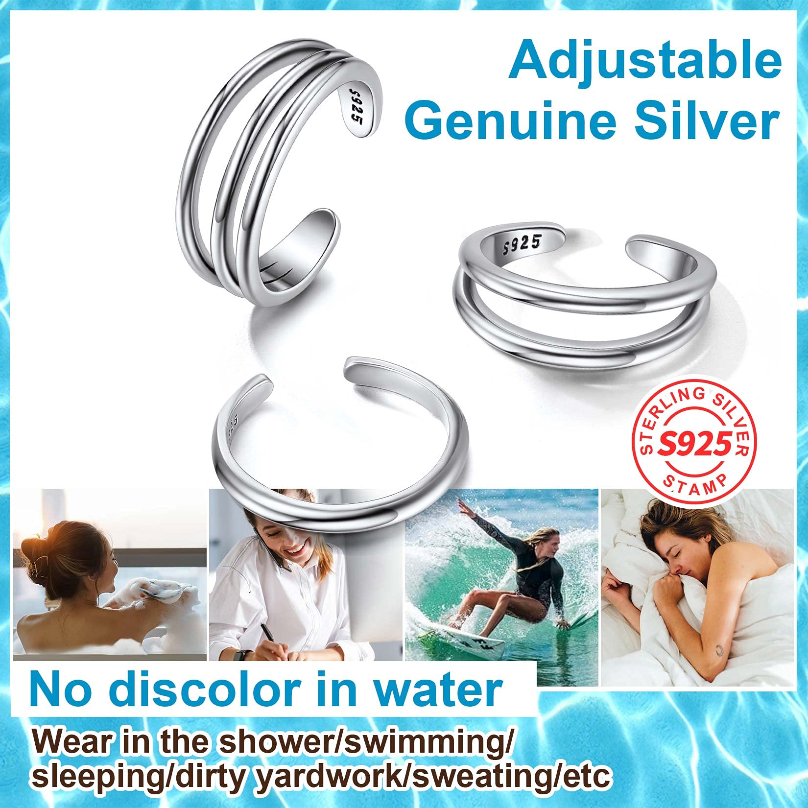 ChainsPro Silver Toe Rings Set for Women 3pcs Pinky Rings Foot Jewelry Sterling Silver Toe Ring