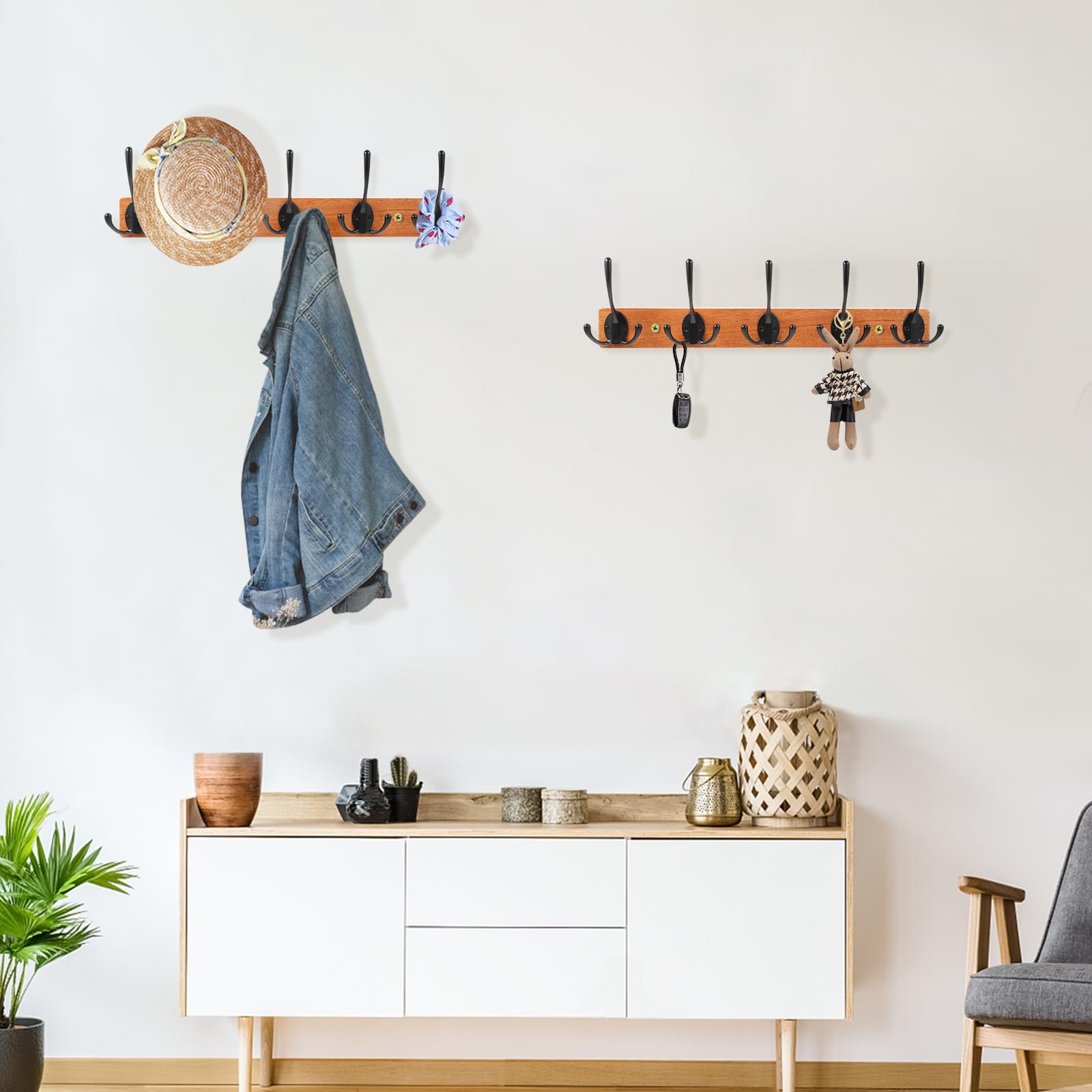 IBosins Coat Rack Wall Mount, 33.5'' Long, Entryway Hanging Hooks Rack, Metal Wood Coat Rack with 8 Black Tri-Hooks, Wooden Decorative Hooks Rail for Coat, Scarf, Bag, Towel, Hat, Key