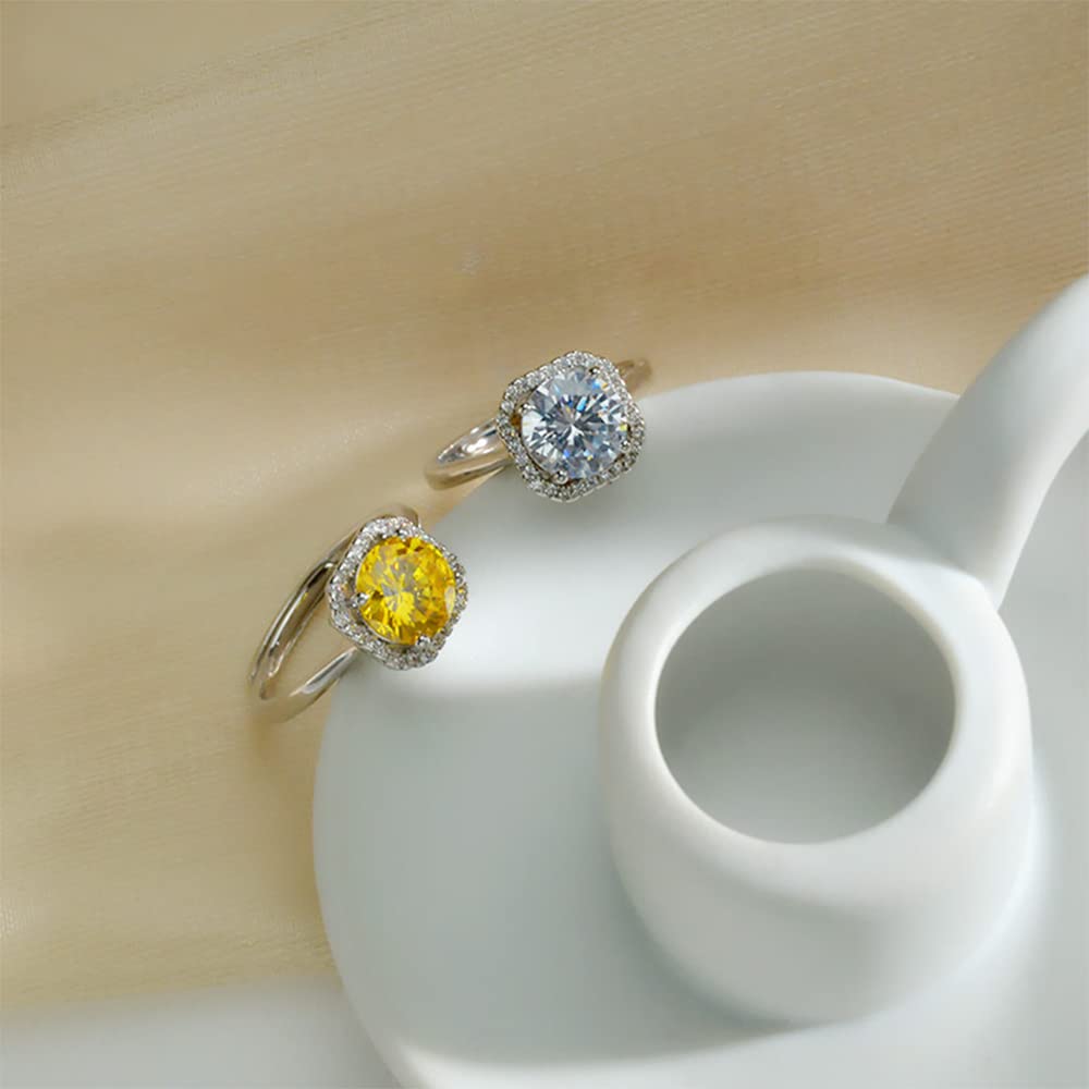 CHERUBIC Platinum Plated Sterling Silver Square Halo Ring For Women Crystal Cubic Zirconia Birthstone Rings Adjustable