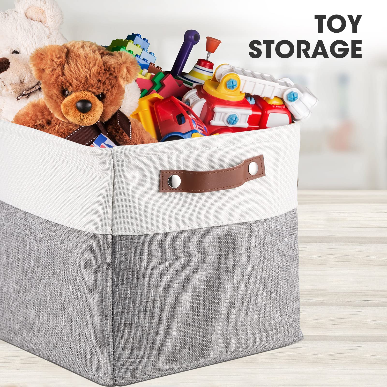Foaincore 8 Pack Foldable Storage Cubes Baskets, Fabric Cube Storage Bins Collapsible Storage Basket with Leather Handles for Toy Clothes Kids Room Closet Nursery Storage(Beige)