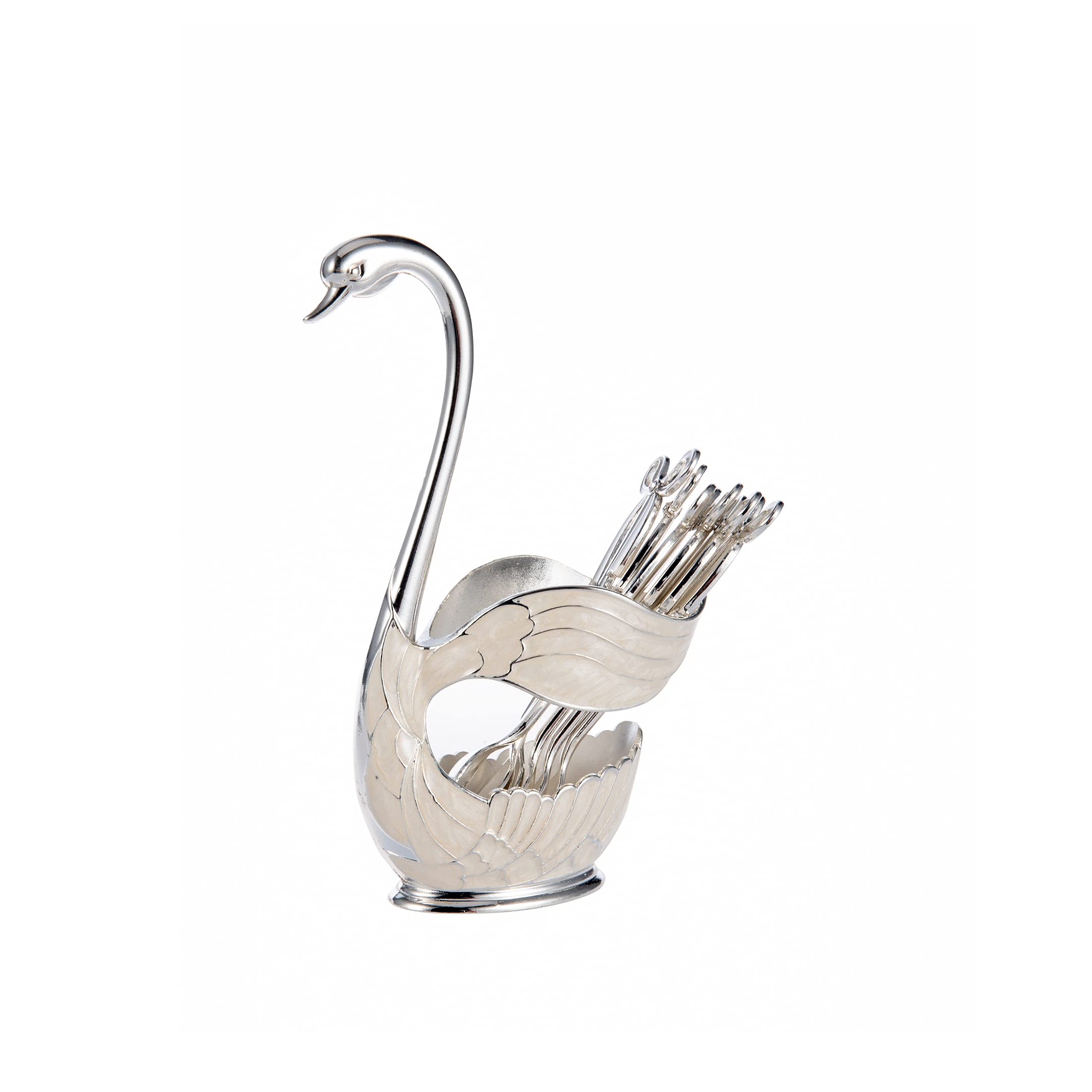 Feyarl Coffee Dessert Sugar Spoon Set Decorative Swan Base Holder with 6pcs Spoons for Stirring Mixing Dessert Ice Cream Coffee Teaspoon Cake Flatware (Silver)