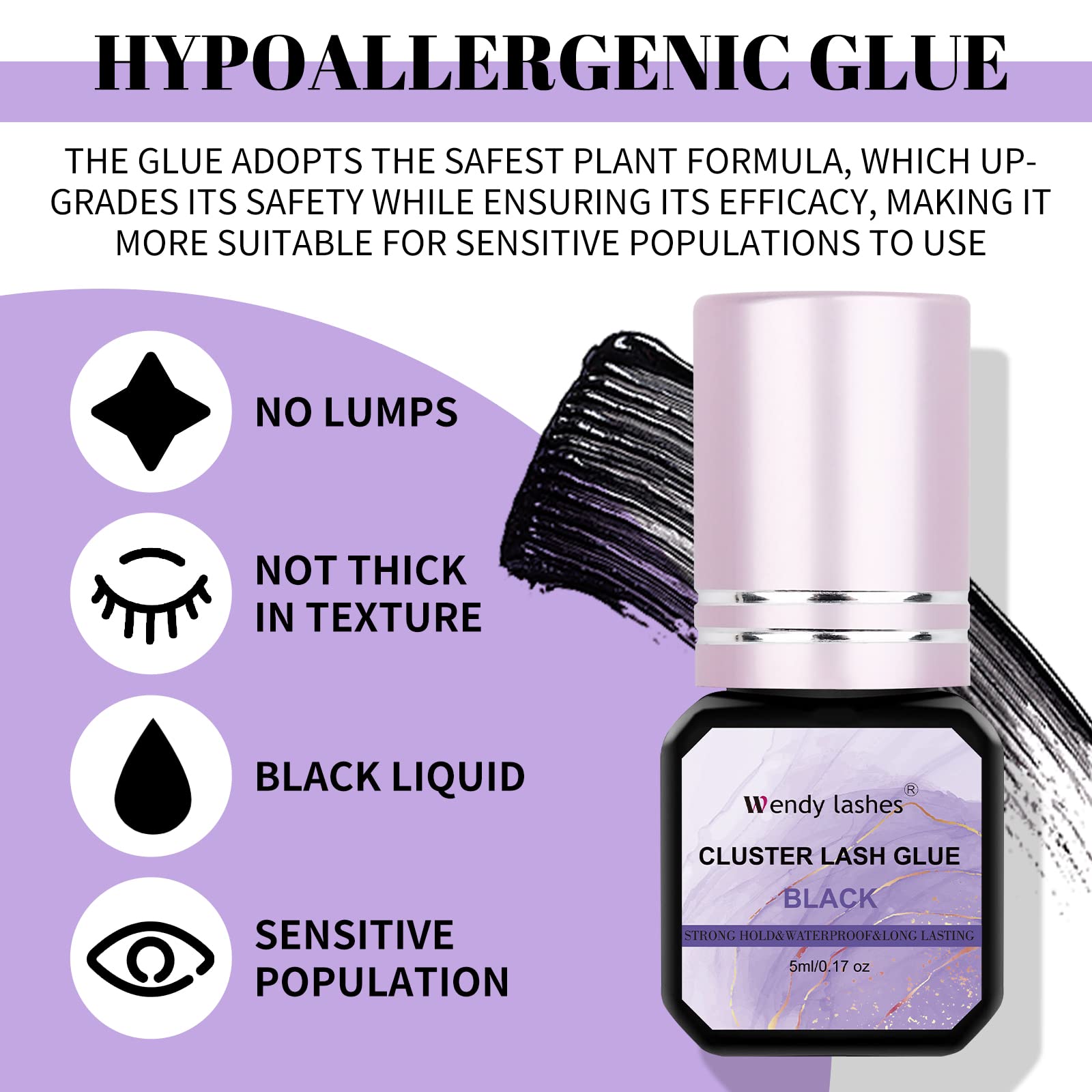 Cluster Lash Glue Black Sensitive Waterproof Lash Glue Long Lasting DIY Lash Glue and 2 Style Wide-stem Lash Clusters C/D Curl Thin Band Cluster Lashes