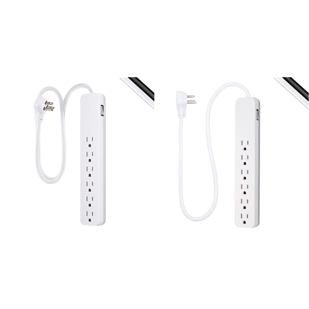 GE 6-Outlet Surge Protector, 3 Ft Extension Cord, Power Strip, 840 Joules, Flat Plug, UL Listed, White, 62688 & GE Pro 6-Outlet Surge Protector, 2 Ft Extension Cord, Flat Plug, White, 40532