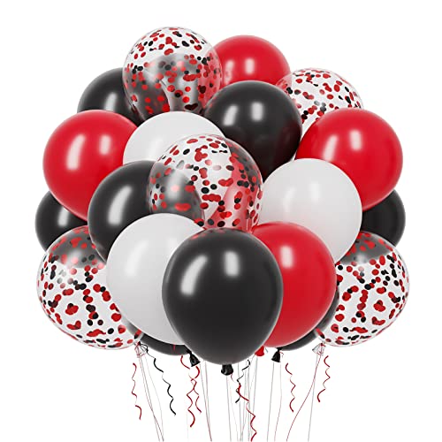 RUBFAC 65pcs 12 Inches Black Red Confetti Balloons Kit, Black Red White Party Balloons with Ribbons for Birthday, Wedding, Baby Shower, Graduation Decorations
