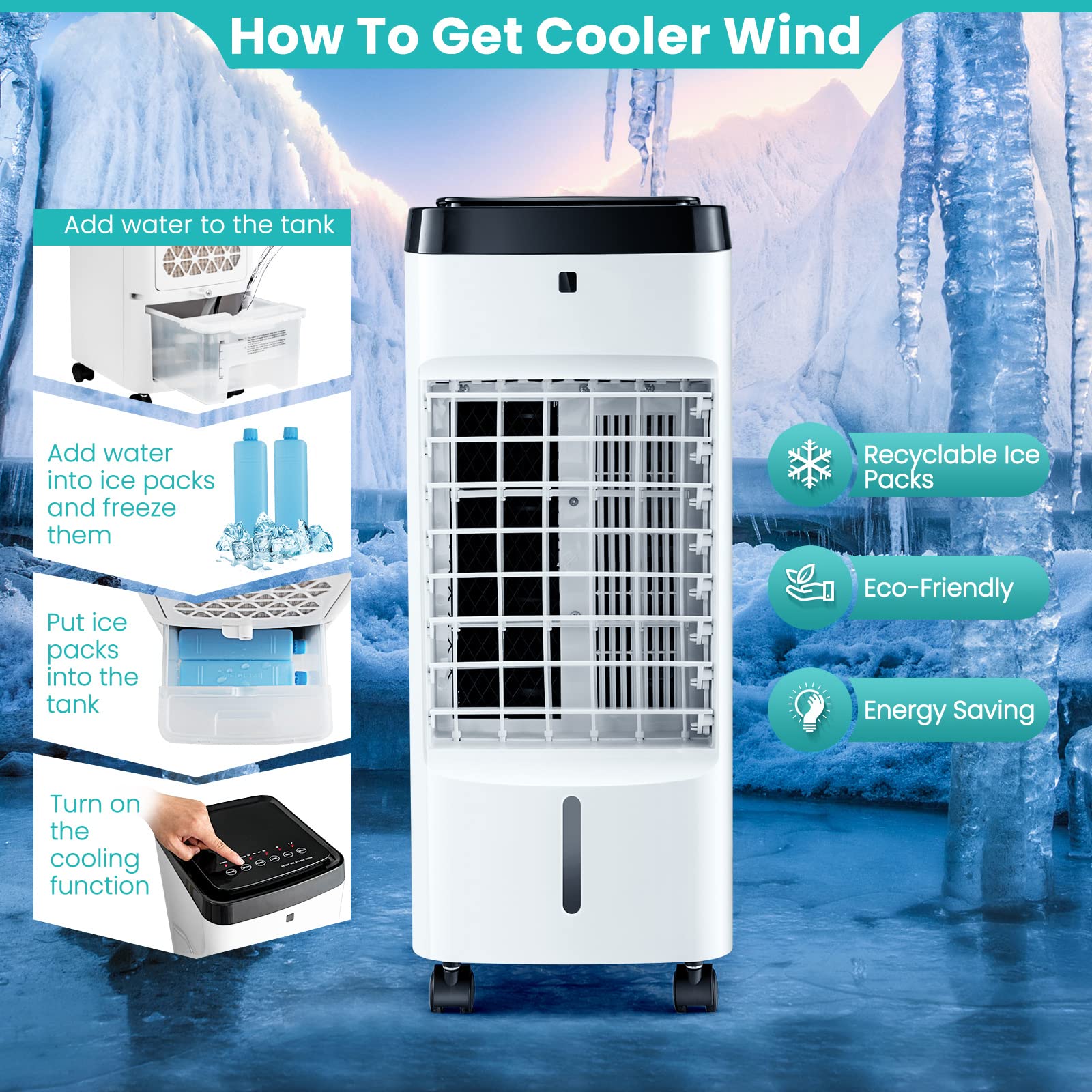 DORTALA Evaporative Air Cooler, 3-in-1 Cold Air Cooling Fan with Remote, 3.5L Water Tank, 2 Ice Packs, 4 Modes, 3 Speeds & Timer, 70° Oscillation, Portable Swamp Cooler for Small Rooms
