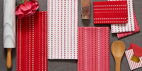 DII Valentine's Day Collection Kitchen, Dishtowel/Dishcloth Set, Hearts Dobby Stripe, 6 Piece