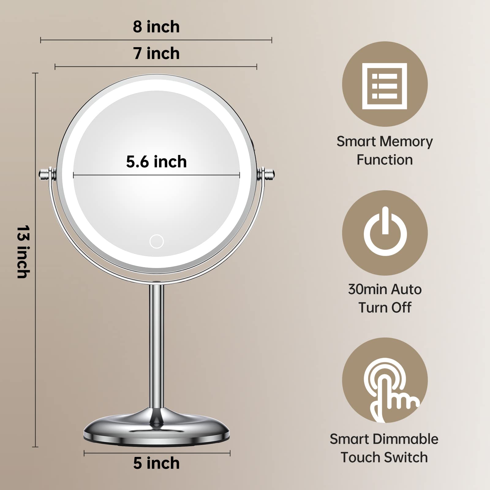 Gospire Lighted Makeup Mirror with Magnification 10X, Rechargeable Stepless Dimming LED Vanity Mirror 7", 360° Swivel Magnifying Cosmetic Mirror Cordless Standing Mirror for Dresser, Bathroom