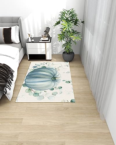 Rustic Blue Pumpkin Large Rectangular Area Rugs 5' x 8' Living Room, Durable Non Slip Rug Carpet Floor Mat for Bedroom Bedside Outdoor Thanksgiving Fall Green Eucalyptus Leaves