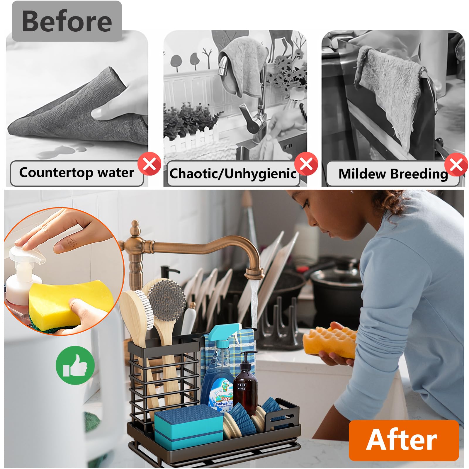 CIT ZCFYU Kitchen Sink Caddy Sponge Holder, Sink Caddy Kitchen Sink Organizer Stainless Steel, Dish Sponge Holder with Dishcloth Rack, Removable Drain Tray for Sponge, Gifts for Women & Men, Black