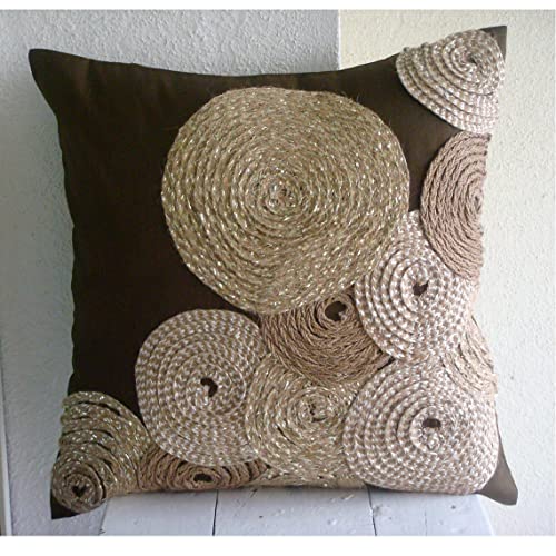 The HomeCentric Throw Pillow Covers, Brown Decorative Zippered Throw Pillow Covers 16x16 inch (40x40 cm), Silk Throw Pillow Covers, Circles & Dots, Jute, Contemporary Cushion Cover - Adorned by Jute
