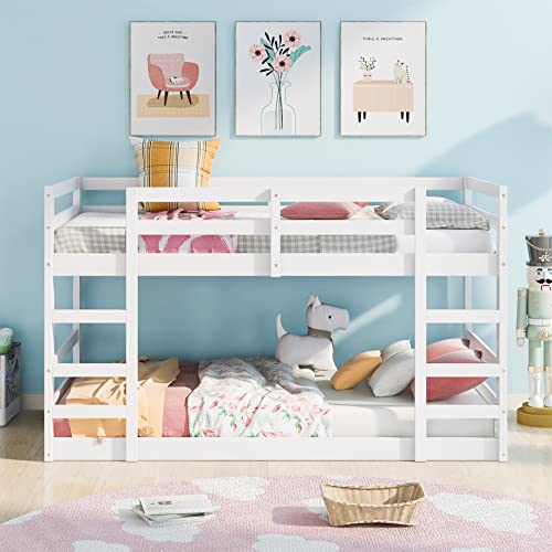 Harper & Bright Designs Twin Over Twin Bunk Bed for Kids, Low Bunk Bed with Ladder and Safety Guard Rails, Solid Wood Bunk Bed Frame. No Box Spring Needed (White)