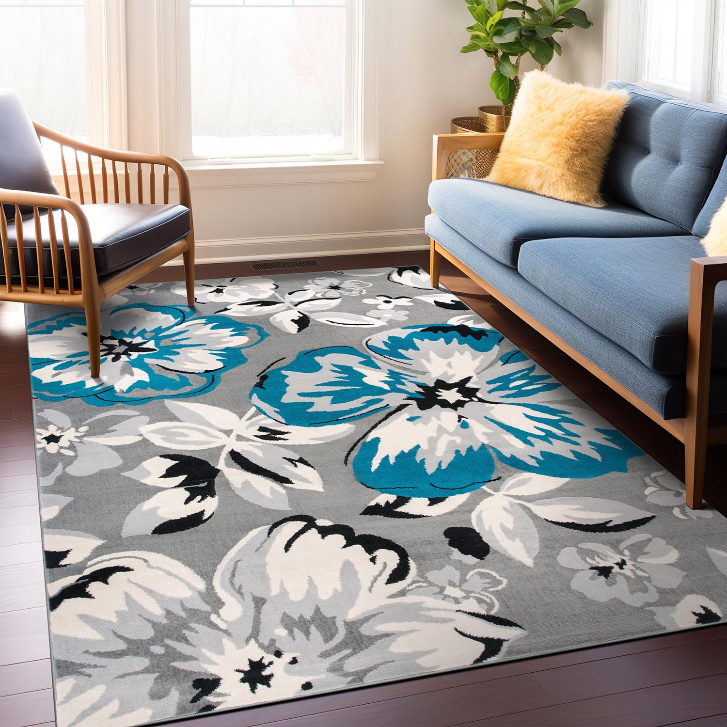 Rugshop Modern Floral Design Area Rug for Living Room,Bedroom,Home Office,Kitchen Non Shedding Area Rug 7'6" X 9' 5" Blue