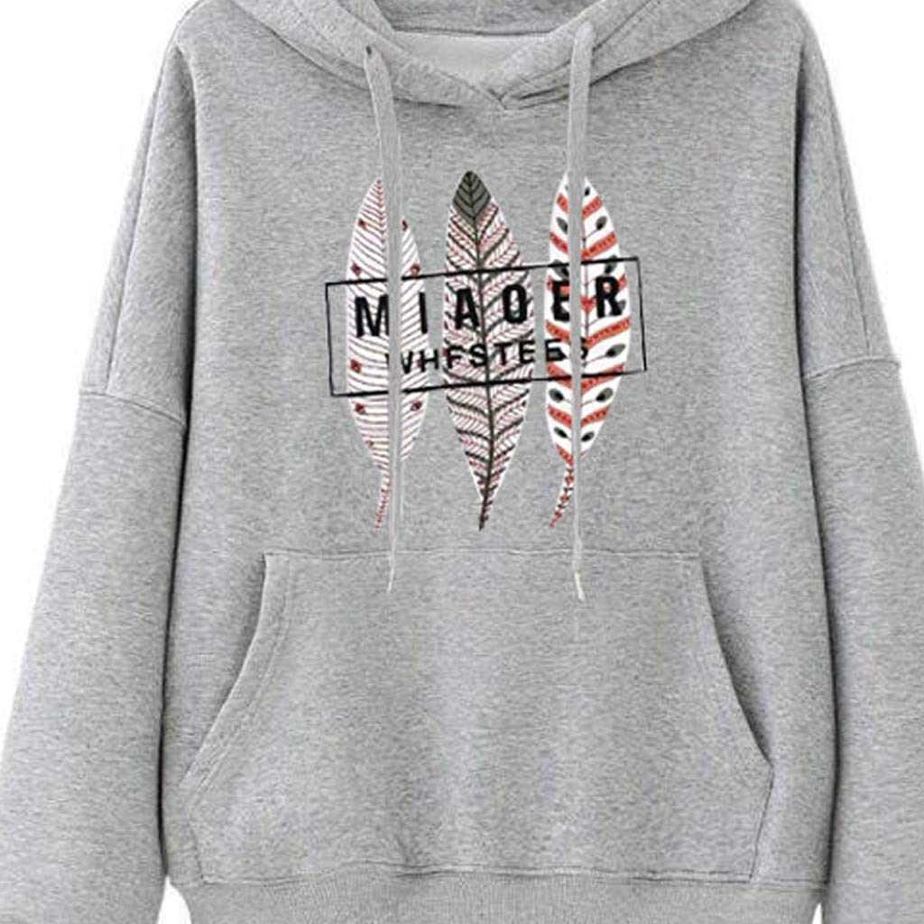 Ruhiku GW Hoodie, Womens Long Sleeve Cactus Print Hoodie Sweatshirt Hooded Pullover Tops Blouse (Gray B with Feather, XL)