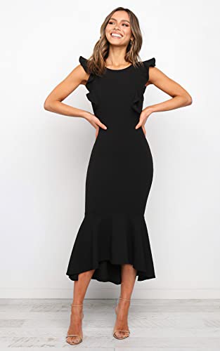 PRETTYGARDEN Womens Elegant Sleeveless Cocktail Dress Ruffle Mermaid Wedding Guest Midi Formal Dresses Black