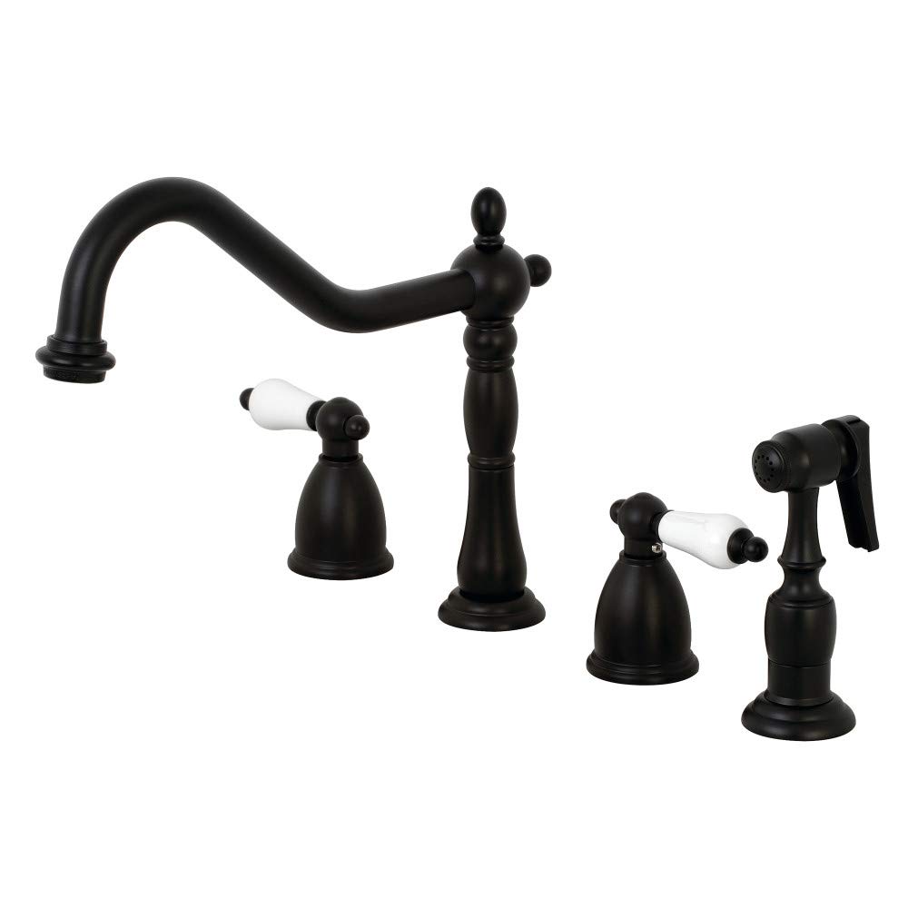 Kingston Brass KB1790PLBS Heritage Widespread Kitchen Faucet with Brass Sprayer, Matte Black