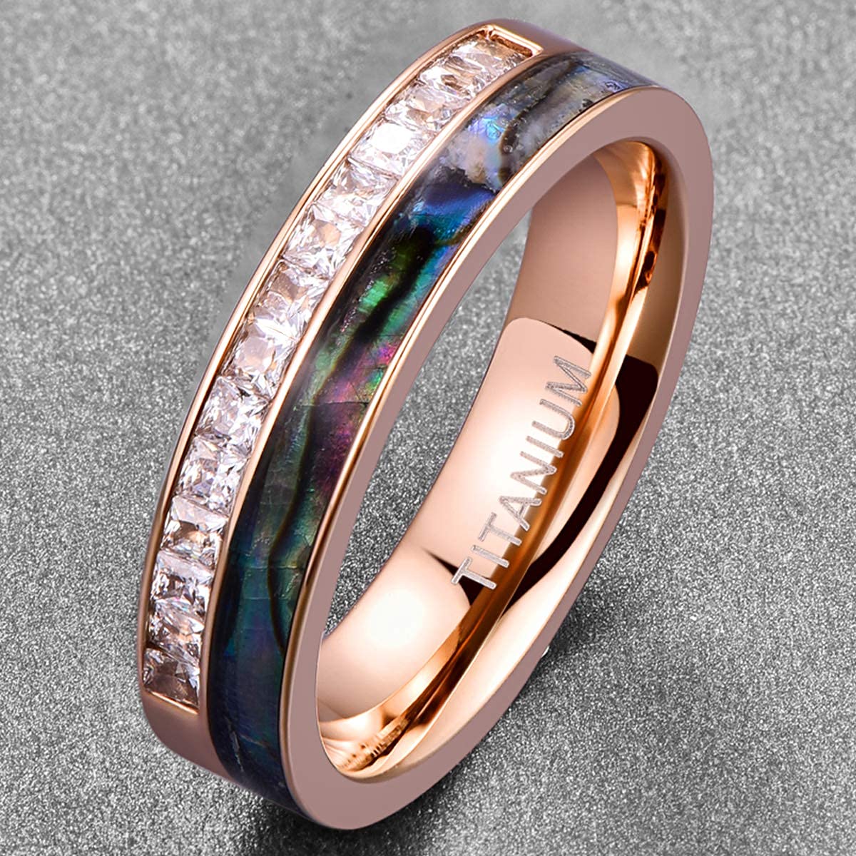 Cloyo Women's Rose Gold Wedding Ring 6mm Stainless Steel Abalone Shell and Square Zircon Inlay Engagement Band Rings Size 9.5