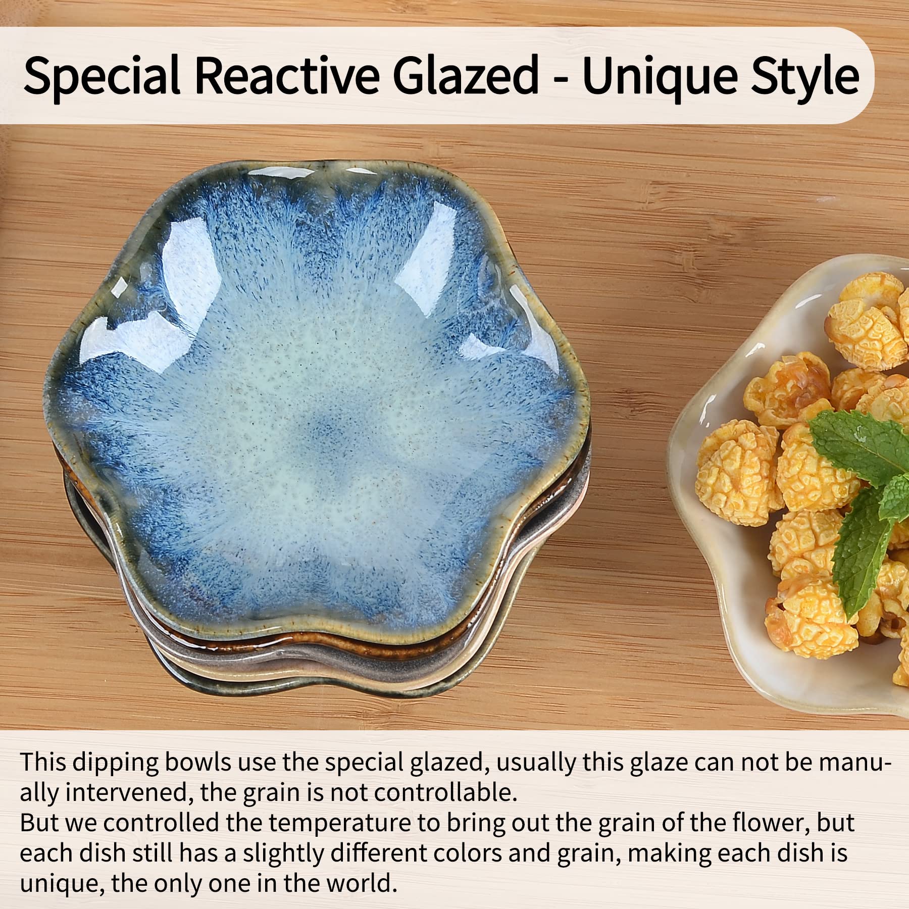 Dipping Bowls Set of 6, Ceramic Soy Sauce Dish, Flower Dipping Sauce Bowls, Pinch Bowls, Special Reactive Glazed Small Condiment Finger Bowls for Dip Sushi Soy Sauce Cup Dish