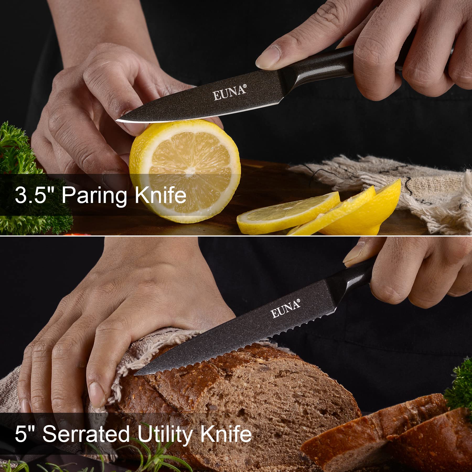 EUNA Kitchen knife set of 5, Sharp Chef Knife Set without Block Professional High Carbon Stainless Steel Cooking Knife Set with acrylic Handle and Gift Box