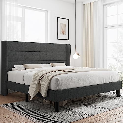 iPormis Full Size Bed Frame with Wingback, Modern Upholstered Platform Bed with 8'' Under-Bed Storage, Fabric Headboard, Wood Slats Support, No Box Spring Needed, Noise-Free, Easy Assembly, Dark Gray