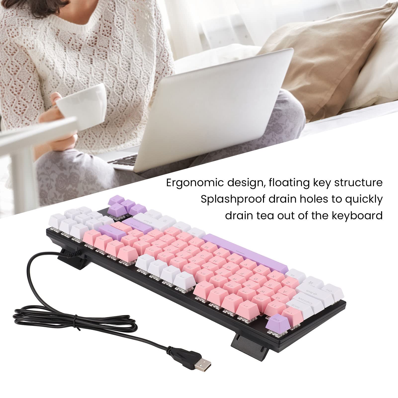 GOWENIC Mechanical Keyboard, 87 Keys Compact Full Key Mechanical Gaming Keyboard with RGB Backlit, Red Switch, Waterproof, for PC Laptop, for Windows (Pink)