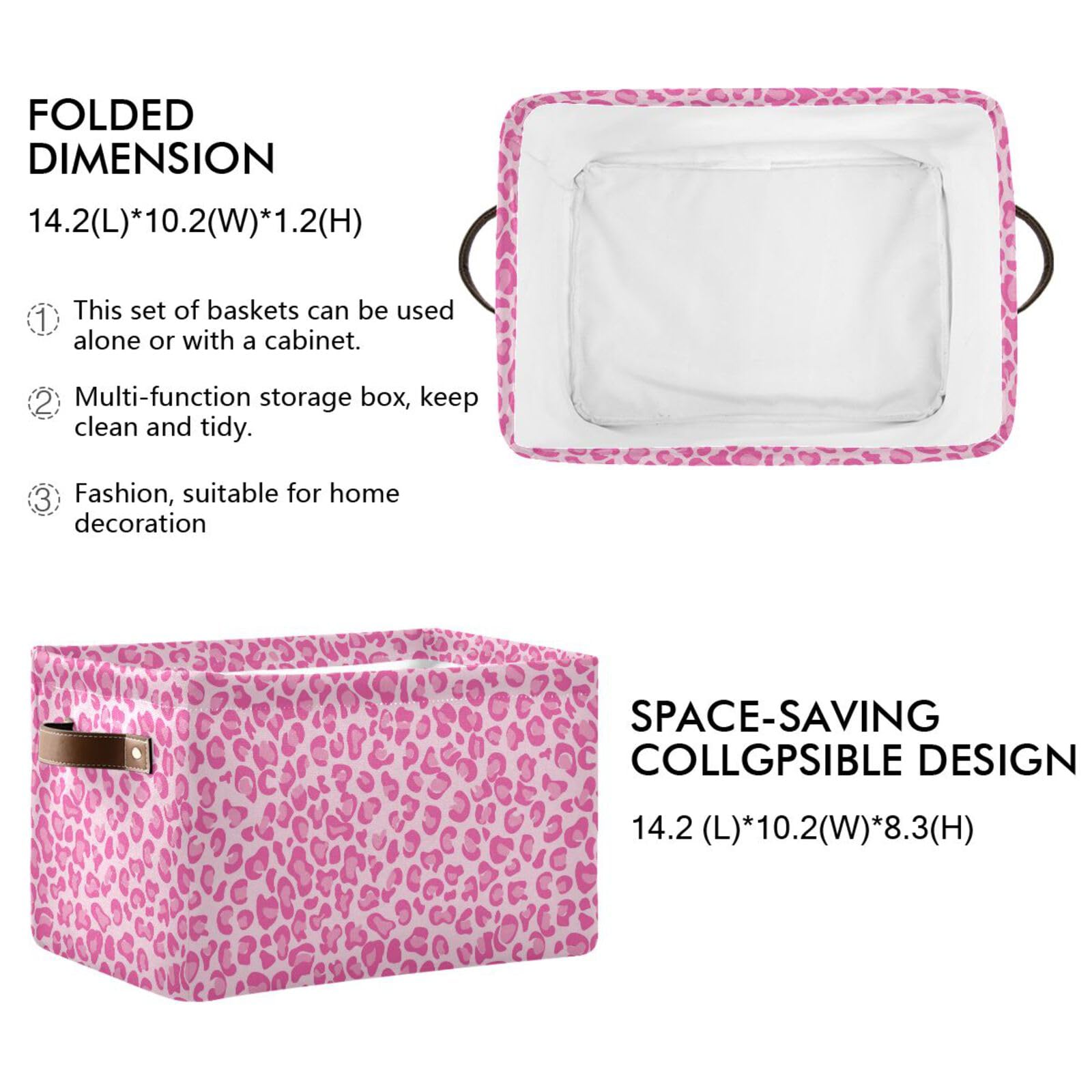 YETTASBIN Pink Leopard Storage Basket 1pc, Large Collapsible Toys Clothes Organizer, Durable Canvas Storage Bin with Handle for Shelves Closet Laundry Home Office Decor